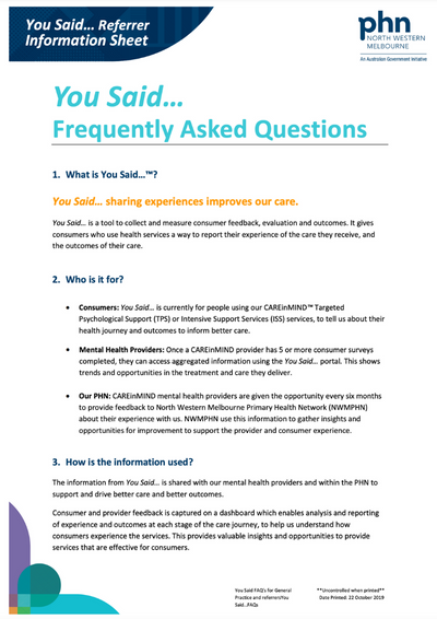 You Said… CAREinMIND Mental Health Provider information sheet - North ...